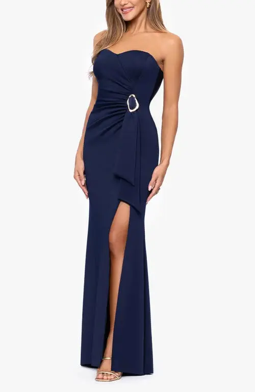 XSCAPE EVENINGS Belt Detail Strapless Gown