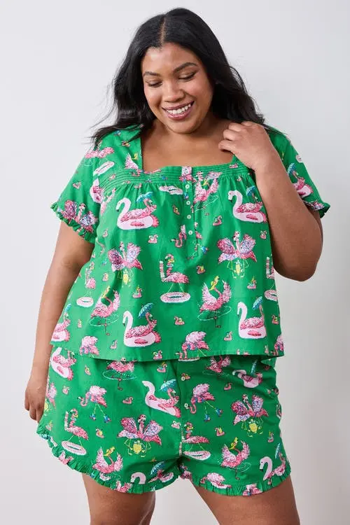 PRINTFRESH Printed Short Sleeve Top And Cropped Wide Leg Pants Set - Mojito