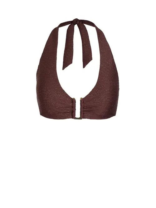 CHANGE OF SCENERY Shana U-bar Halter Bikini Top - Cacao/gold Metallic