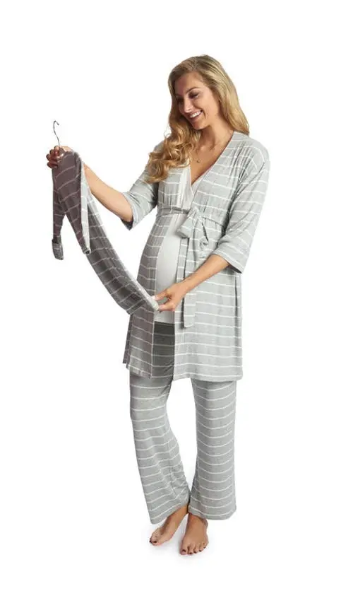 EVERLY GREY Analise During & After 5-piece Maternity/nursing Sleep Set For Mom & Baby - Heather Grey Stripe