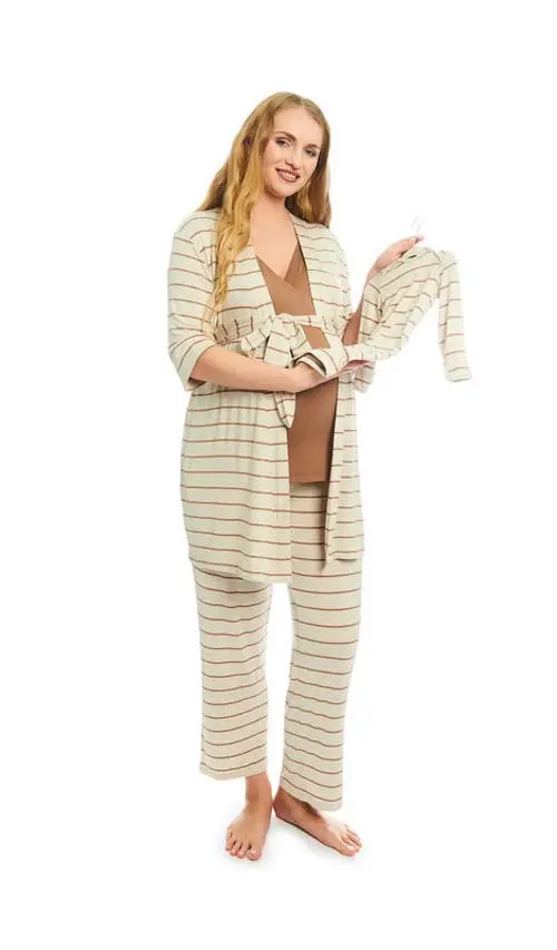 EVERLY GREY Analise During & After 5-piece Maternity/nursing Sleep Set For Mom & Baby - Mocha Stripe