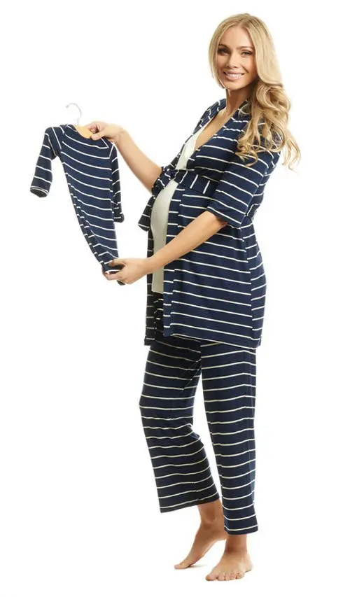 EVERLY GREY Analise During & After 5-piece Maternity/nursing Sleep Set For Mom & Baby - Navy Stripe