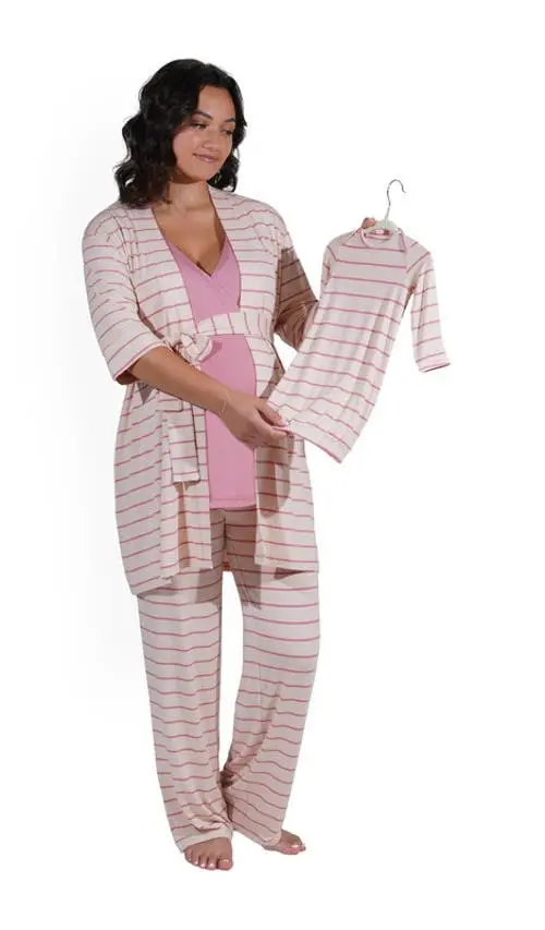 EVERLY GREY Analise During & After 5-piece Maternity/nursing Sleep Set For Mom & Baby - Pink Stripe