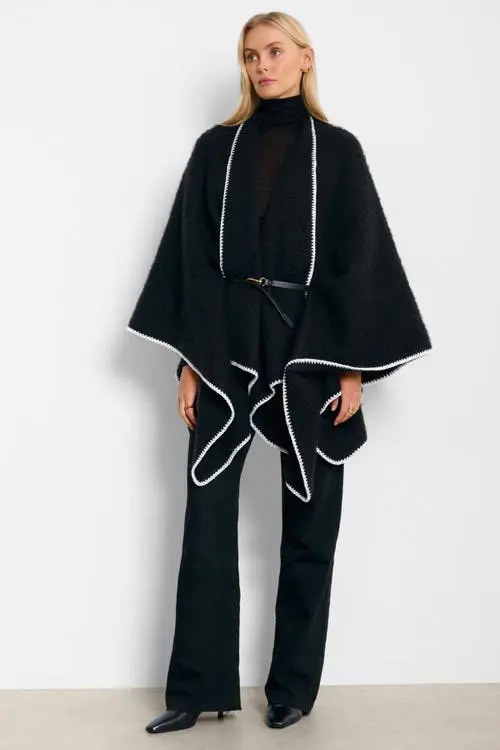 KATIE LOXTON Whipstitch Blanket Cape With Belt - Black