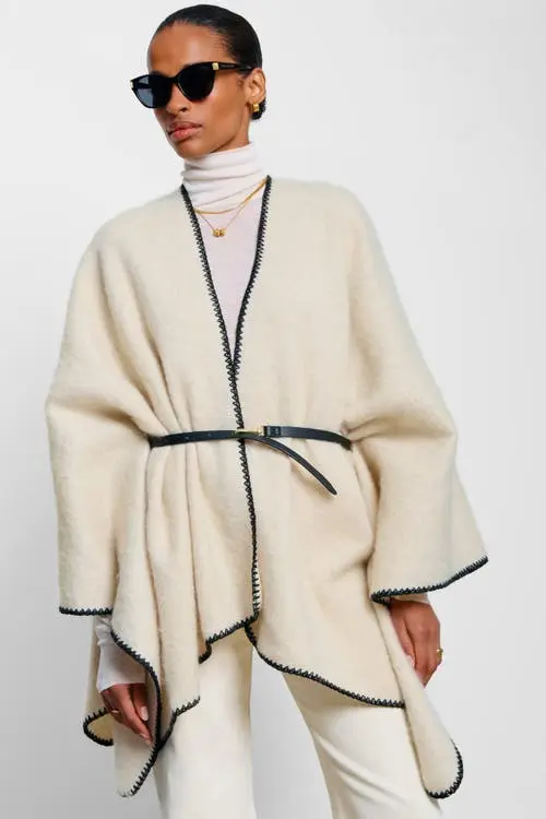 KATIE LOXTON Whipstitch Blanket Cape With Belt - Cream