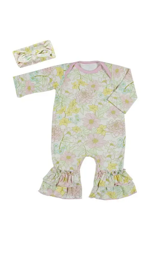 EVERLY GREY Floral Ruffle Romper & Head Wrap Set - Begonia
