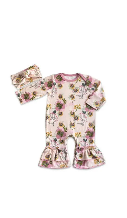 EVERLY GREY Floral Ruffle Romper & Head Wrap Set - Camellia