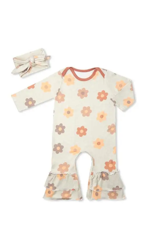 EVERLY GREY Floral Ruffle Romper & Head Wrap Set - Daisies