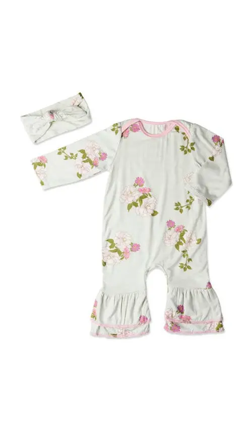 EVERLY GREY Floral Ruffle Romper & Head Wrap Set - Peony