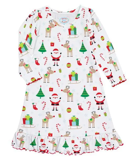 SARA’S PRINTS Long Sleeve Ruffle Nightgown - White Christmas