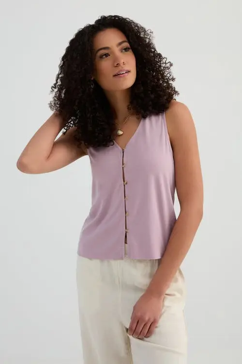 KADA Cupro Button Front Tank - Dusty Mauve