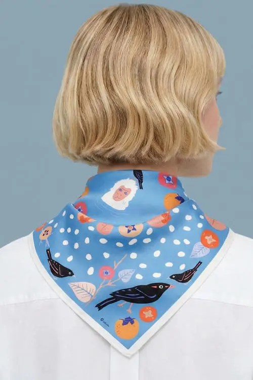 CENTINELLE Snow Monkey And Persimmons Cotton Silk Bandana - Blue