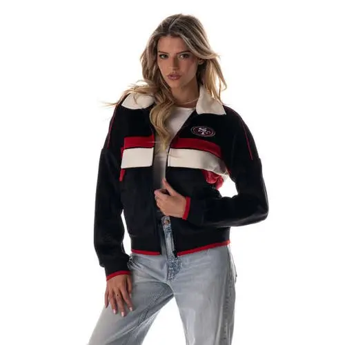THE WILD COLLECTIVE San Francisco 49ers Cropped Corduroy Bomber Jacket - Black