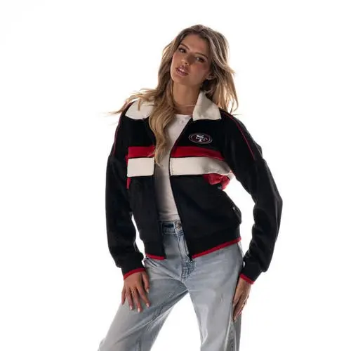 THE WILD COLLECTIVE San Francisco 49ers Cropped Corduroy Bomber Jacket - Black