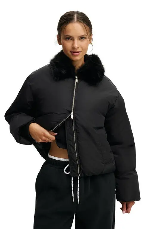 Cotton:on Active The Mother Puffer Faux Fur Collar Bomber - Black