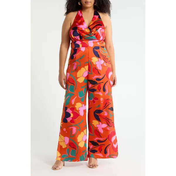 SUGARLIPS Magic Moment Floral Halter Jumpsuit - Orange Multi