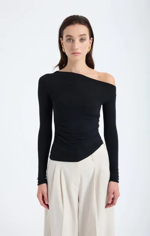MONLICIA Aura One-shoulder Draped Stretch Top - Black