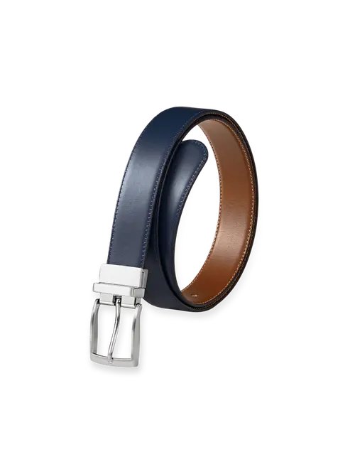 PAUL FREDRICK Leather Reversible Belt - Navy/tan