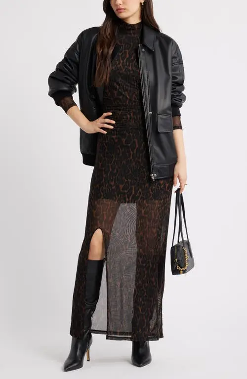 OPEN EDIT Long Sleeve Mesh Maxi Dress - Brown- Black Elegant Leopard