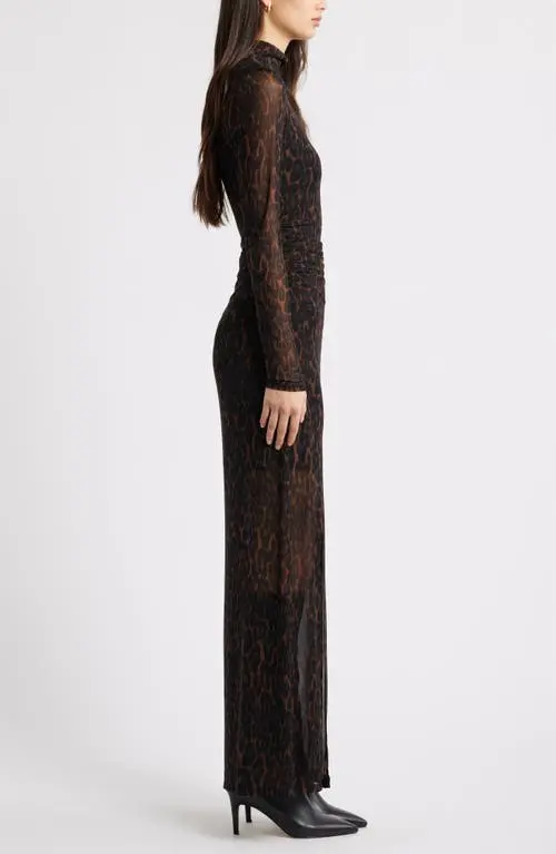 OPEN EDIT Long Sleeve Mesh Maxi Dress - Brown- Black Elegant Leopard