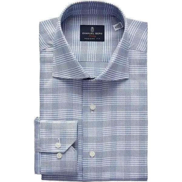 EMANUEL BERG Modern Fit Check Cotton Dress Shirt - Navy