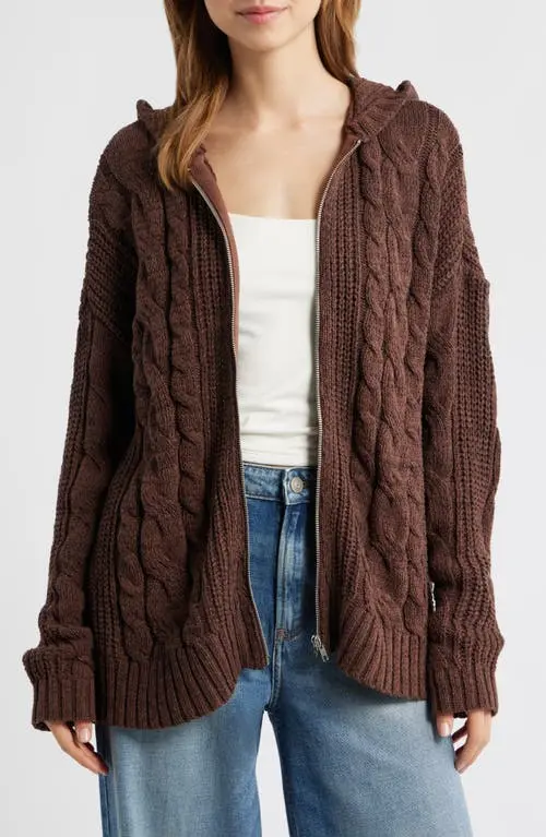 PACSUN Cable Knit Zip-up Hooded Sweater - Brown