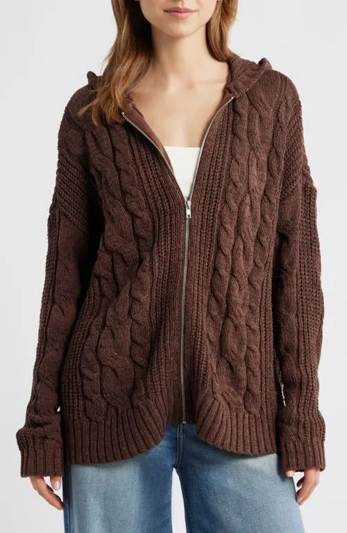 PACSUN Cable Knit Zip-up Hooded Sweater - Brown