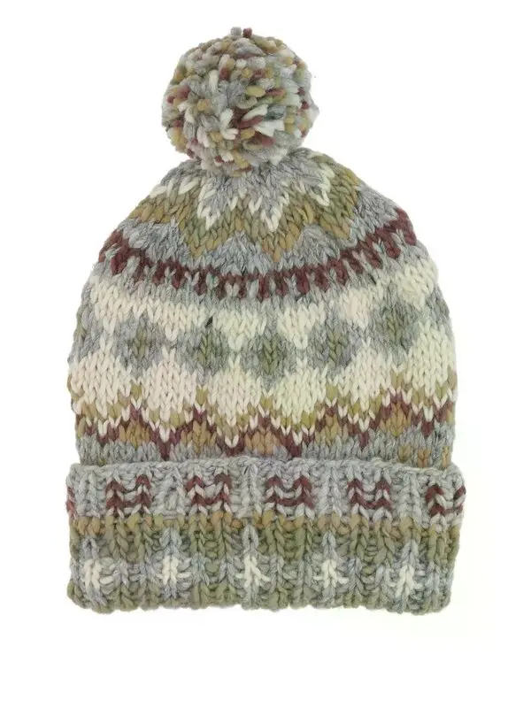 CHAMULA Fair Isle Patterned Beanie With Pom-pom - Grey