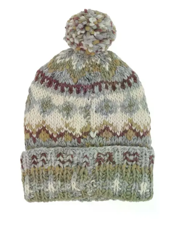 CHAMULA Fair Isle Patterned Beanie With Pom-pom - Grey