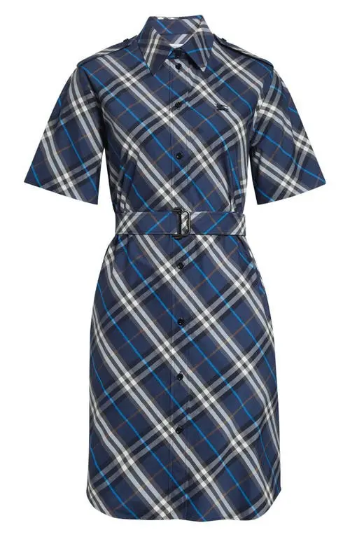 Burberry Belted Check Cotton Shirt Dress - Pilot Blue Ip Check