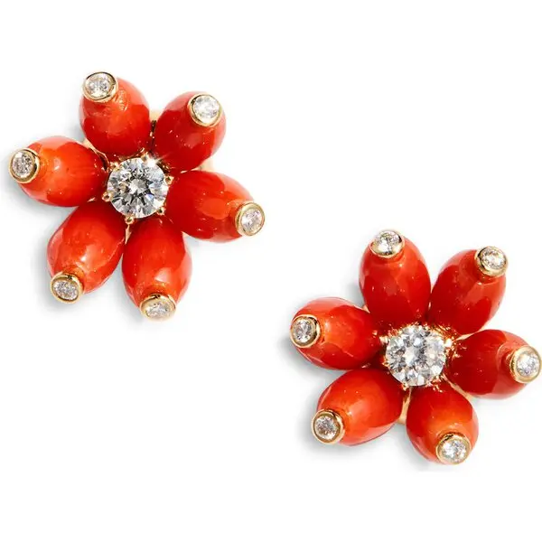 GRACE WINFREY 18k Yellow Gold Cactus Flower Stud Earrings With Coral And Diamonds - Coral/diamond