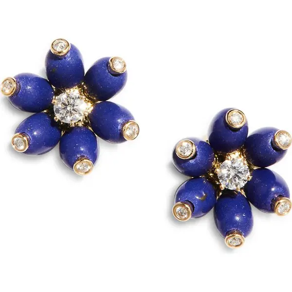 GRACE WINFREY 18k Yellow Gold Cactus Flower Stud Earrings With Coral And Diamonds - Lapis/diamond