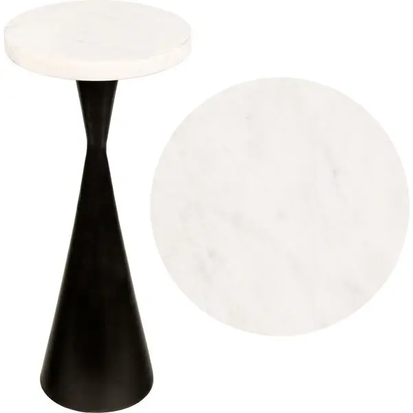 JONATHAN Y Ziggy 22" Contemporary Designer Metal Drink Table And Decorative End Table With White Marble Round Top And Cone Pedestal Base - Antique Black