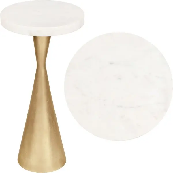 JONATHAN Y Ziggy 22" Contemporary Designer Metal Drink Table And Decorative End Table With White Marble Round Top And Cone Pedestal Base - Antique Gold
