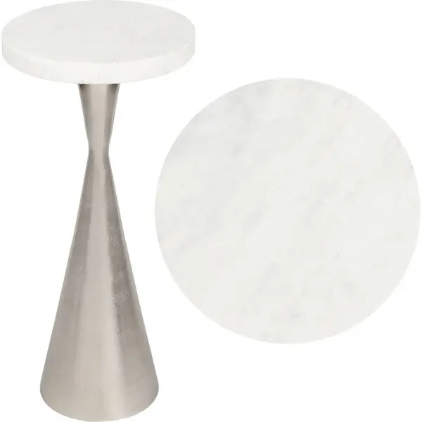 JONATHAN Y Ziggy 22" Contemporary Designer Metal Drink Table And Decorative End Table With White Marble Round Top And Cone Pedestal Base - Antique Nickel