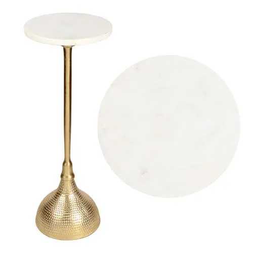 JONATHAN Y Ava 23.75" Art Deco Contemporary Metal Pedestal Drink Table And Decorative End Table With White Marble Round Top And Hammered Base - Gold