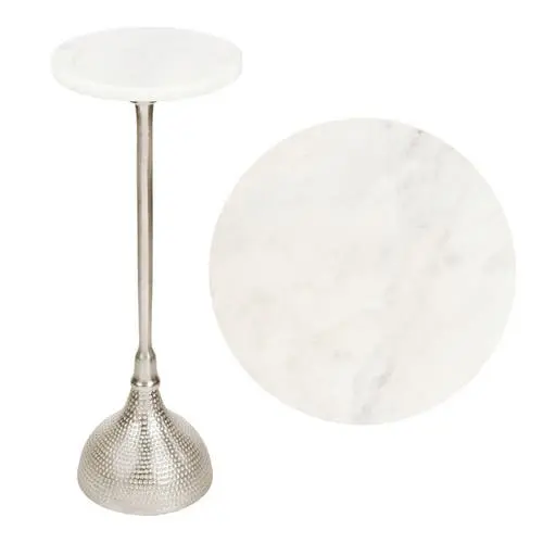 JONATHAN Y Ava 23.75" Art Deco Contemporary Metal Pedestal Drink Table And Decorative End Table With White Marble Round Top And Hammered Base - Nickel