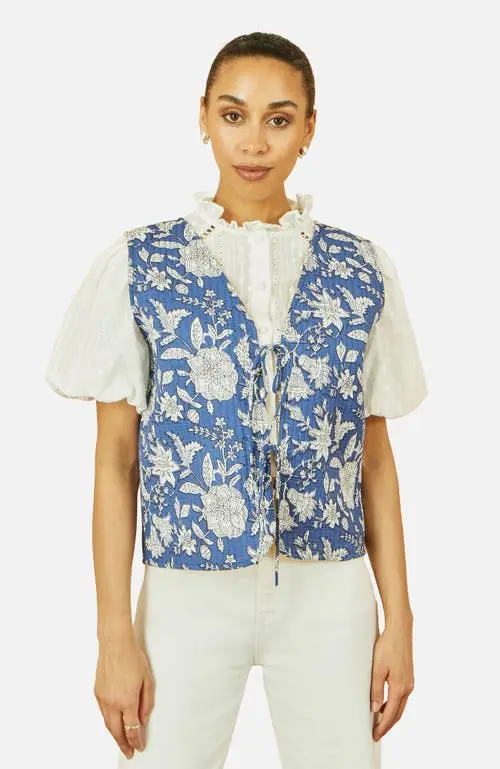 YUMI Floral Reversible Quilted Vest Jacket - Blue