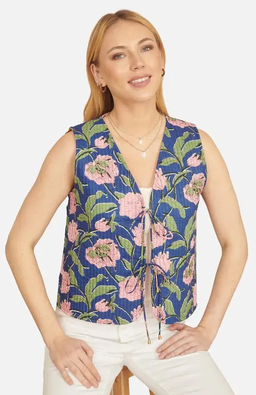 YUMI Floral Reversible Quilted Vest Jacket - Navy