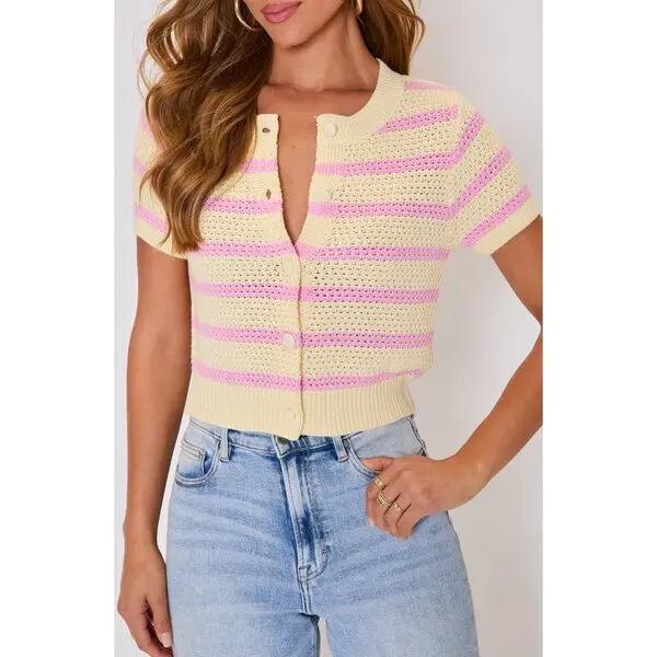 VICI Jessica Stripe Open Stitch Short Sleeve Cardigan - Yellow/ Pink