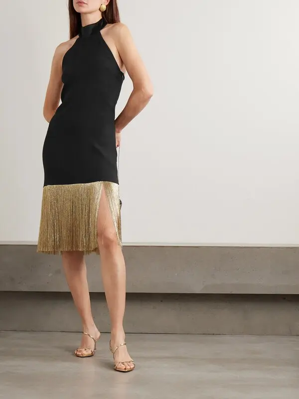 Taller Marmo Berlin Fringed Crepe Halterneck Mini Dress - Black