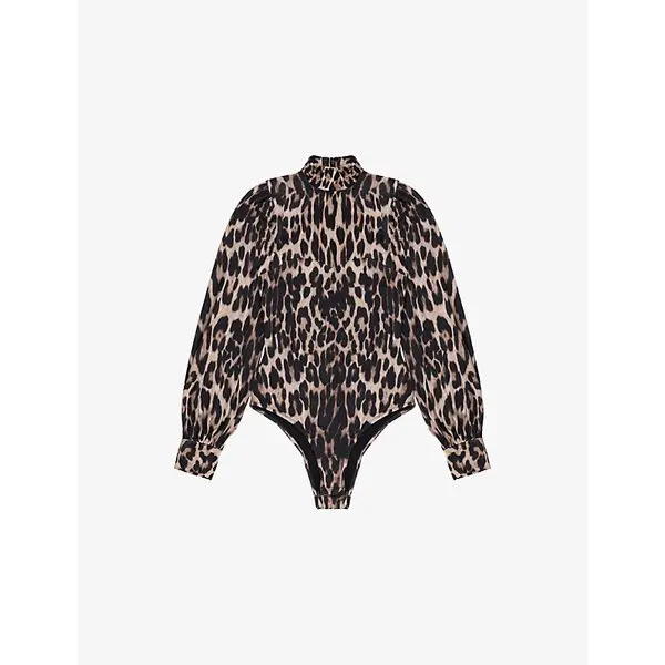 RO&ZO Leopard-print Puff-sleeve Bodysuit