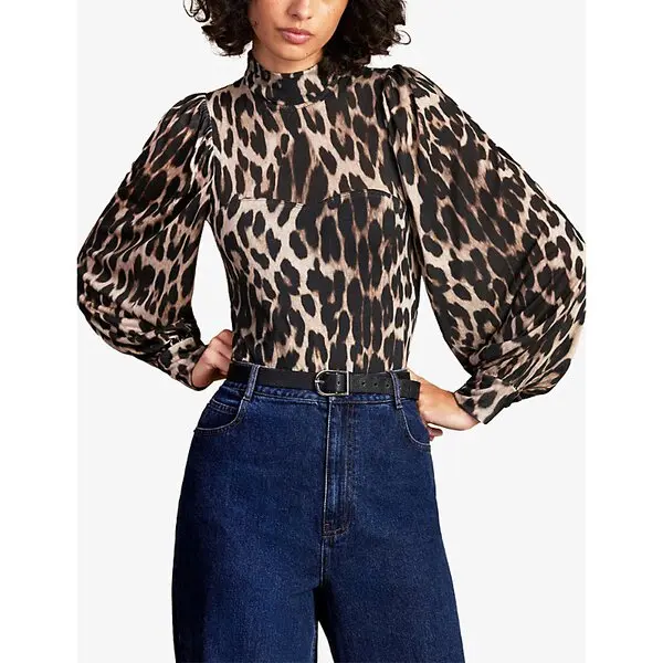 RO&ZO Leopard-print Puff-sleeve Bodysuit