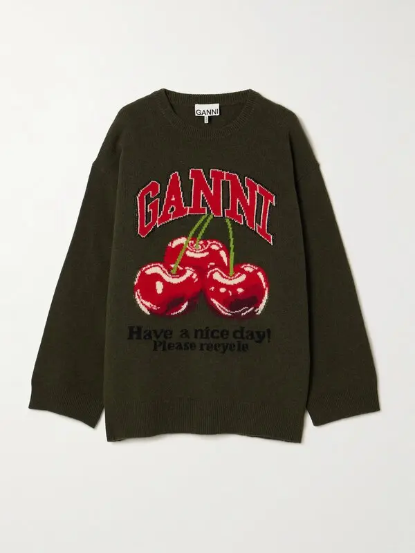 GANNI Oversized Jacquard-knit Wool-blend Sweater - Green