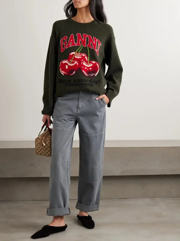 GANNI Oversized Jacquard-knit Wool-blend Sweater - Green