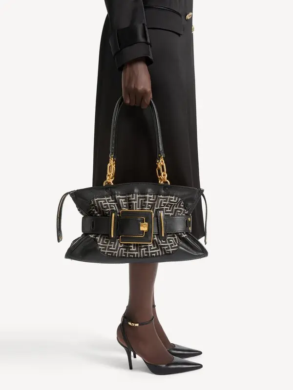Balmain Leather And Monogram Jacquard Anthem Bag - Black
