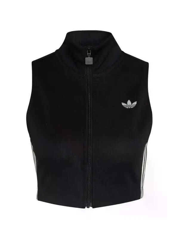Adidas Logo Embroidered High Neck Zip Up Cropped Top - Black