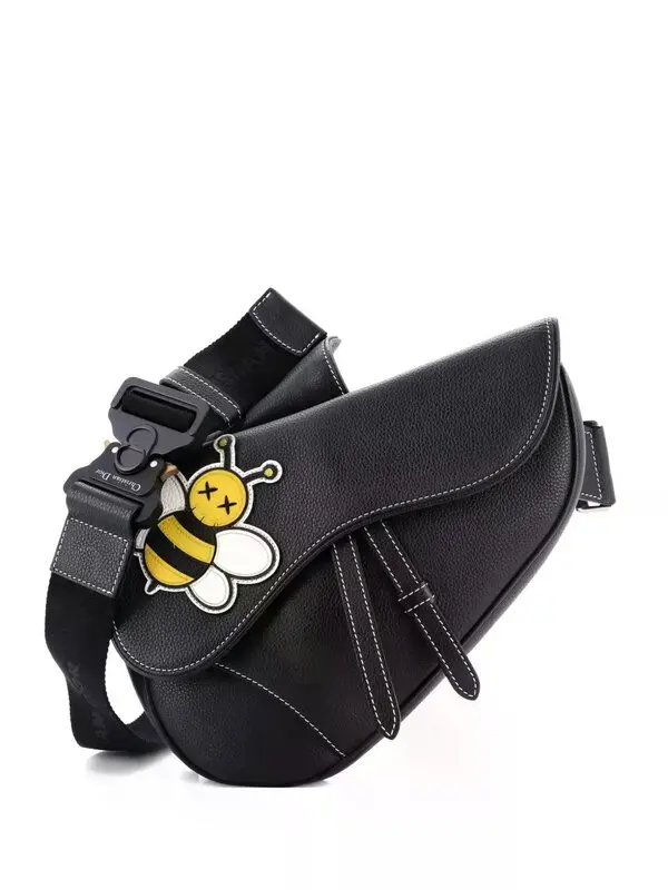 Dior Kaws Saddle Leather Applique Crossbody Bag - Black