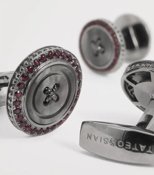 Tateossian Silver Ruby-embellished Button Cufflink And Stud Set