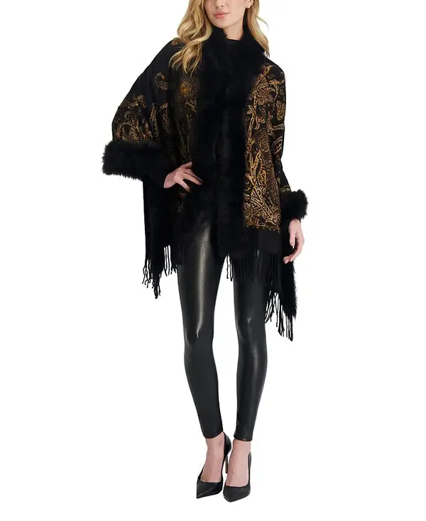 Gorski Double Face Cashmere Stole With Toscana Lamb Tape Top And Bottom - Black Gold Paisley
